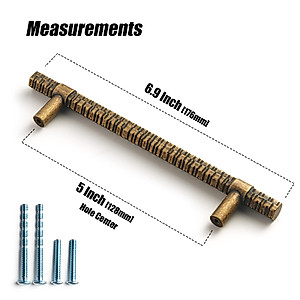 Goo-Ki Antique Brass T Bar Cabinet Pulls/Affordable Luxury Zinc Alloy Cabinet Handles with Knurled/5.04'' (128mm) Hole Center,6 Pack