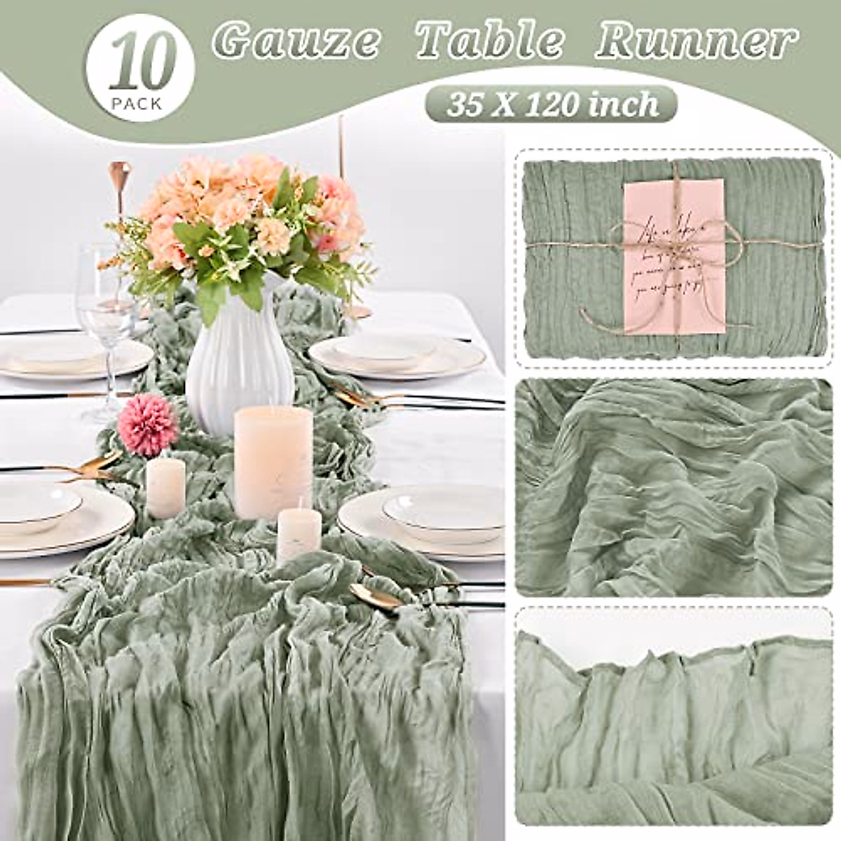 10 Pcs Sage Green Cheesecloth Table Runner 10FT, Gauze Table Runner for Wedding Reception Sheer Bridal Shower Birthday Party Boho Table Decoration, Rustic Romantic Wedding Runner