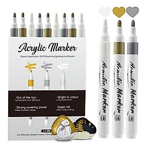 TOSHARE 9 Pack of Acrylic Paint Pen,Medium Tip 2-3mm in White, Gold, and Silver Colors, Glitter Coloring Markers Set for Wood, Canvas, Stone, Rock Painting, Glass, DIY Crafts Making Art Supplies