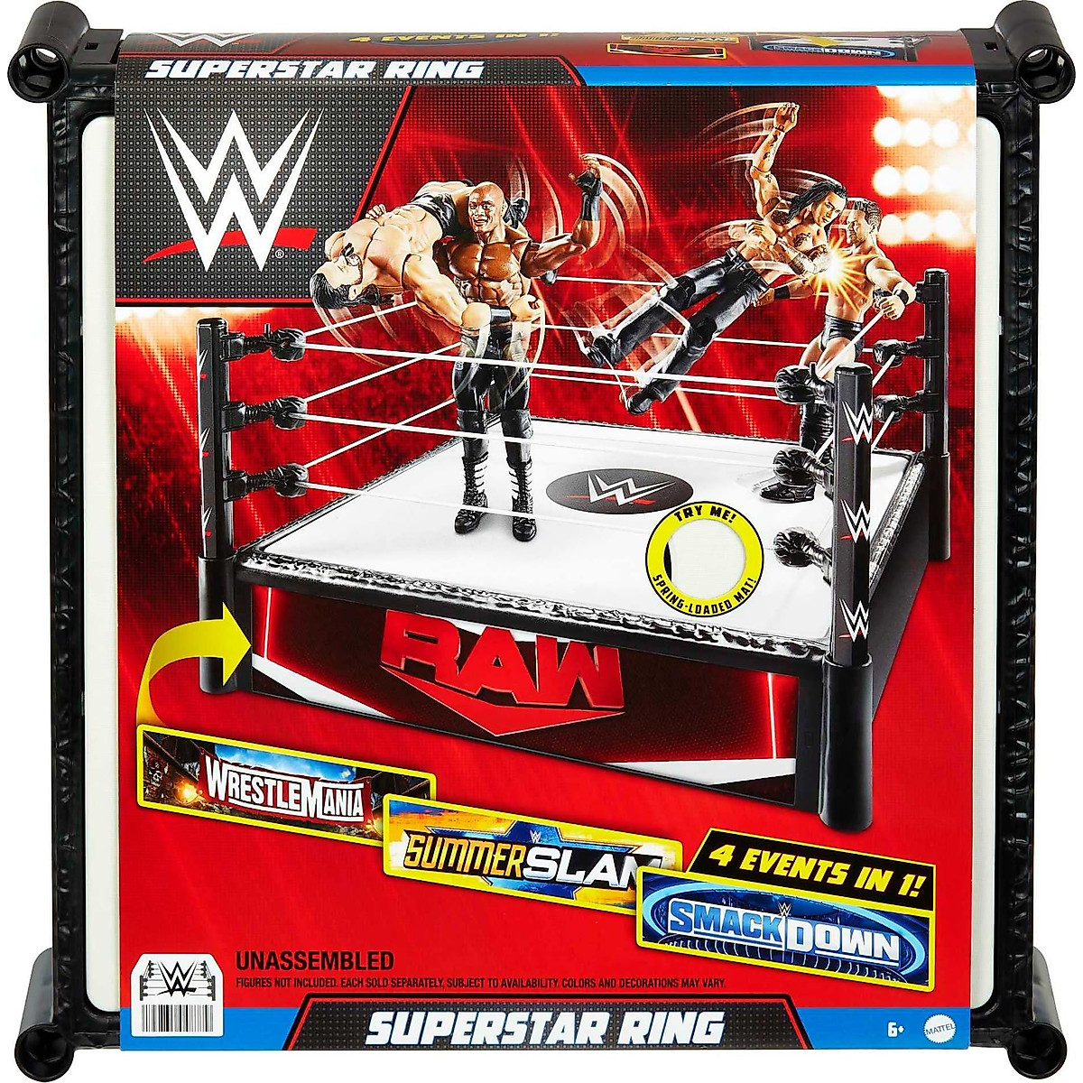 Mattel WWE Superstar Ring, 14 inches with Spring-Loaded Mat, 4 Event Apron Stickers & Pro-Tension Ropes for WWE 6-inch Action Figures