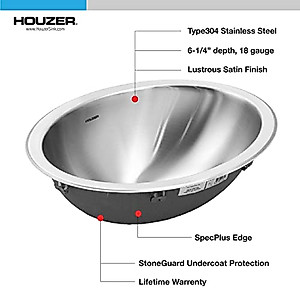 HOUZER Opus Series CHT-1800-1 Topmount Oval Bowl Bathroom Sink, Without Overflow, 17-3/4" x 13-9/16", Stainless Steel