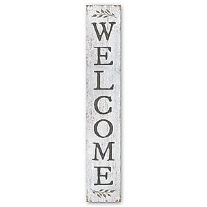 My Word! Welcome White W/Sprig Welcome Sign and porch leaner for Front Door, Porch, Yard, Deck, Patio, or Wall - Indoor Outdoor Decorative Farmhouse Rustic Vertical Home Decor – 8”x46.5”