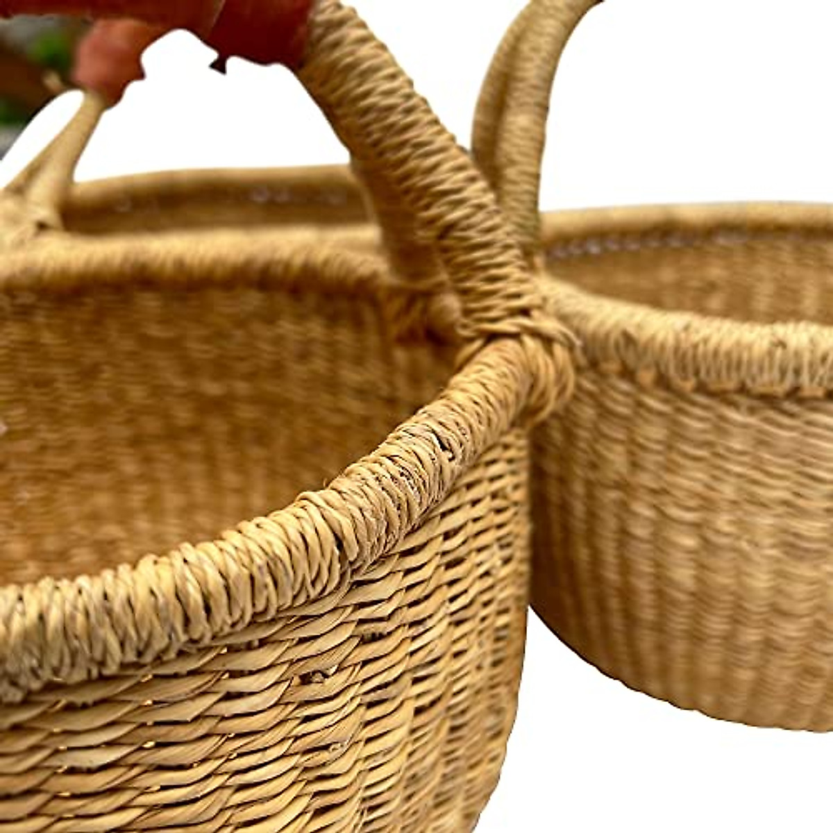 Deluxe Small Round Natural African Basket, 10" - Classic Heartwood Bolga Market Basket from women in Bolgatanga, Ghana with Africa Heartwood Project - GBSRN-S (Flat-packed)