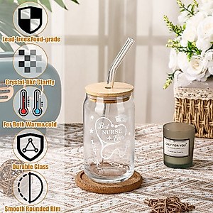 Roshtia Best Nurse Gifts for Women 16 Oz Nurse Glass Cups Mason Jar with Bamboo Lid Glass Straw Nurse Appreciation Gifts Can Cup Tumbler Drinking Bottle for Nursing Birthday Christmas Gift
