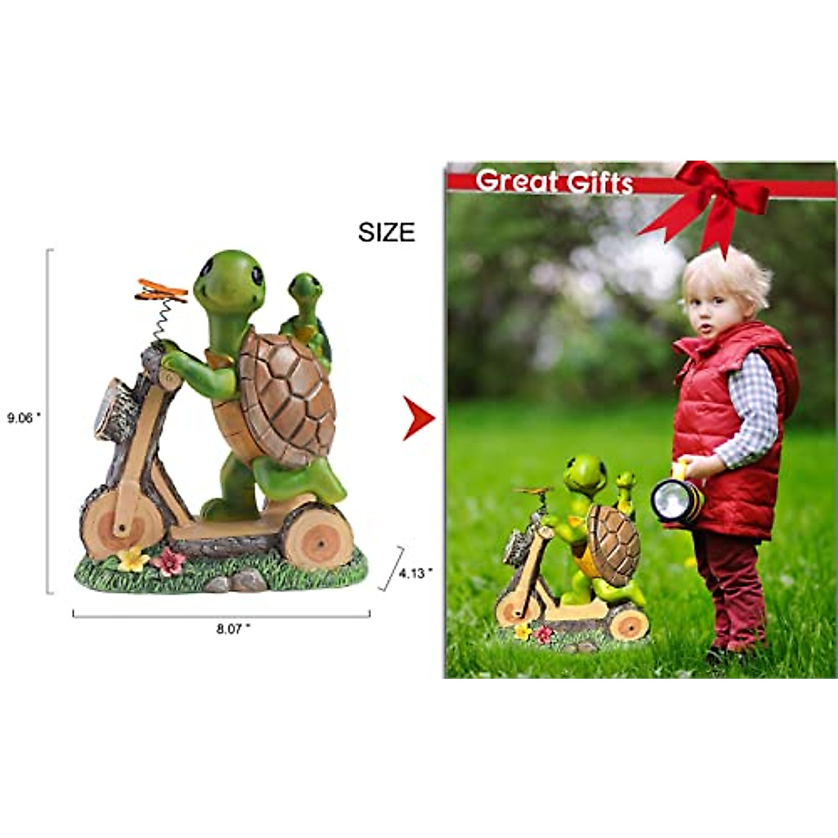 MOOTKA Outdoor Figurine Lights with the Cute Turtle Riding Scooter, Sweet Garden Solar Fairy Light Statue of Sea Turtle Gifts for Mother Home, Waterproof LED Decorations for Patio Home Pathway Outside