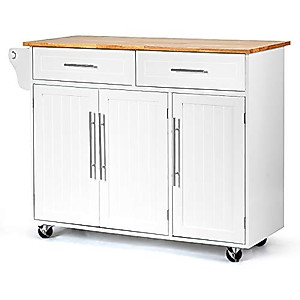 Giantex Kitchen Island Cart Rolling Storage Trolley Cart with Lockable Castors, 2 Drawers, 3 Door Cabinet, Towel Handle, Knife Block for Dining Room Restaurant Use (White)