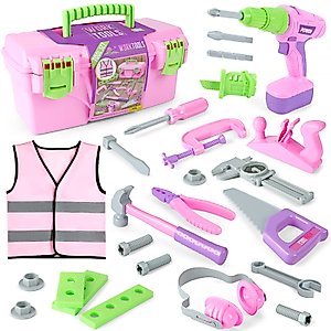 Kids Tool Set, Pink Toy Tool Set for Girls with Electric Drill, Hammer, Planer, Working Vest, Accessories and Storage Box, Construction Pretend STEM Toy Tool Kit for Toddlers Age 3 Years and Up