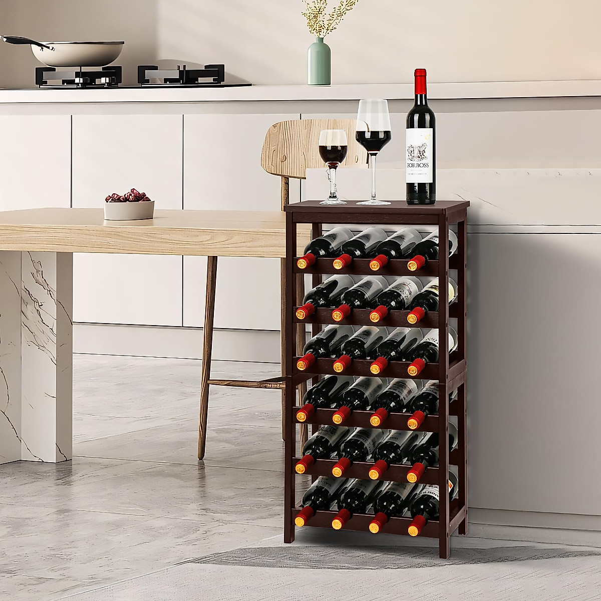 VASMIA Wine Rack Free Standing Floor, 6-Tier Display Wine Storage Shelves with Table Top, 24-Bottle Bamboo Wine Rack Shelf for Kitchen Bar Dining Room Living Room, Brown