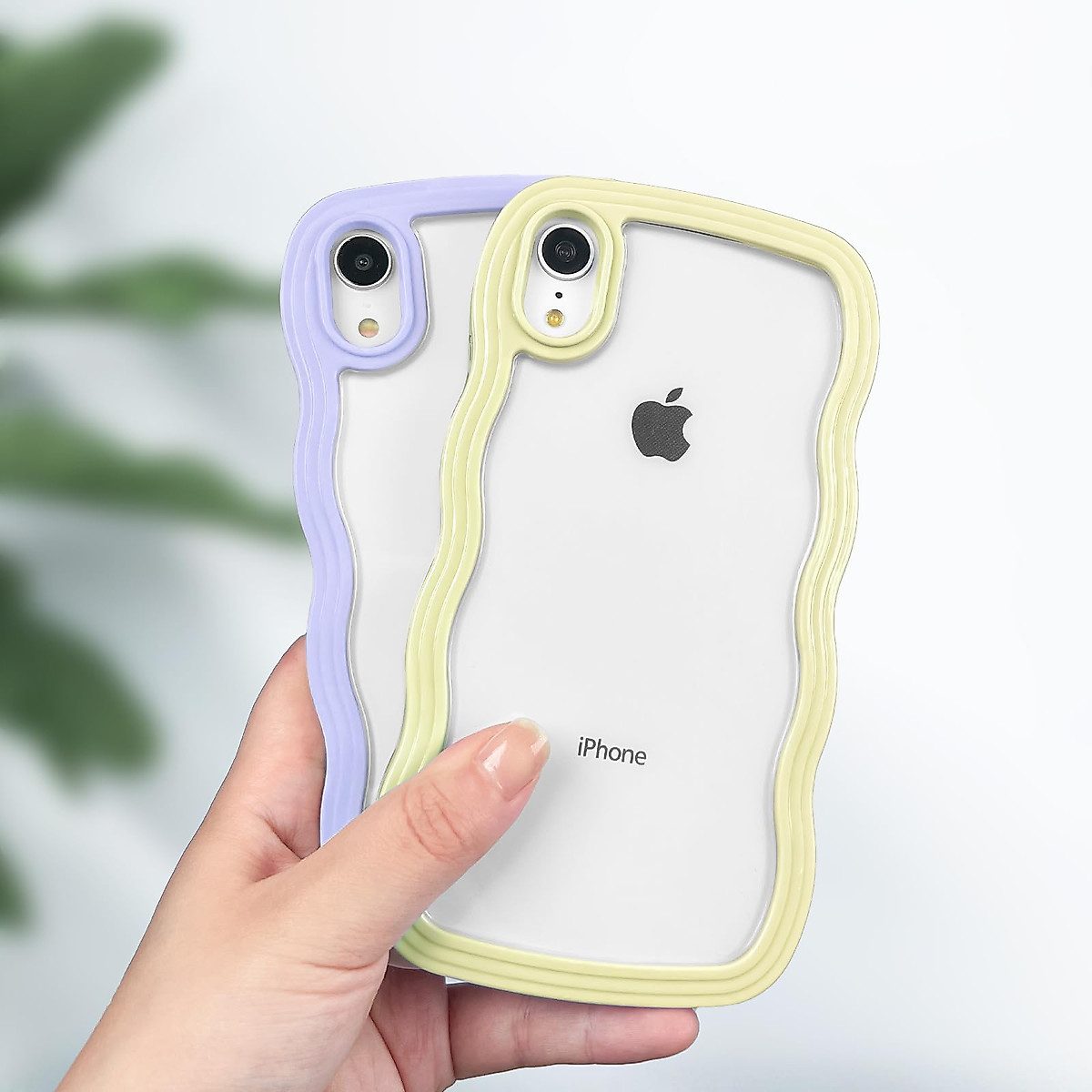 Anuck for iPhone XR Case Wavy Edge Clear Back Design, Anti-Slip Grip Cute Wave Curly Frame Shape Shockproof Soft TPU & Hard Bumper Protective Phone Case Cover for Women Girls, Yellow