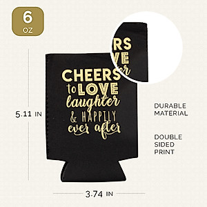 Wedding Can Can Cooler Decorations - Cheers to Love Laughter and Happily Ever After, Can Coolies Set of 12, Wedding Supplies For Bridal Showers, Engagements and Bachelorette Parties (Black)