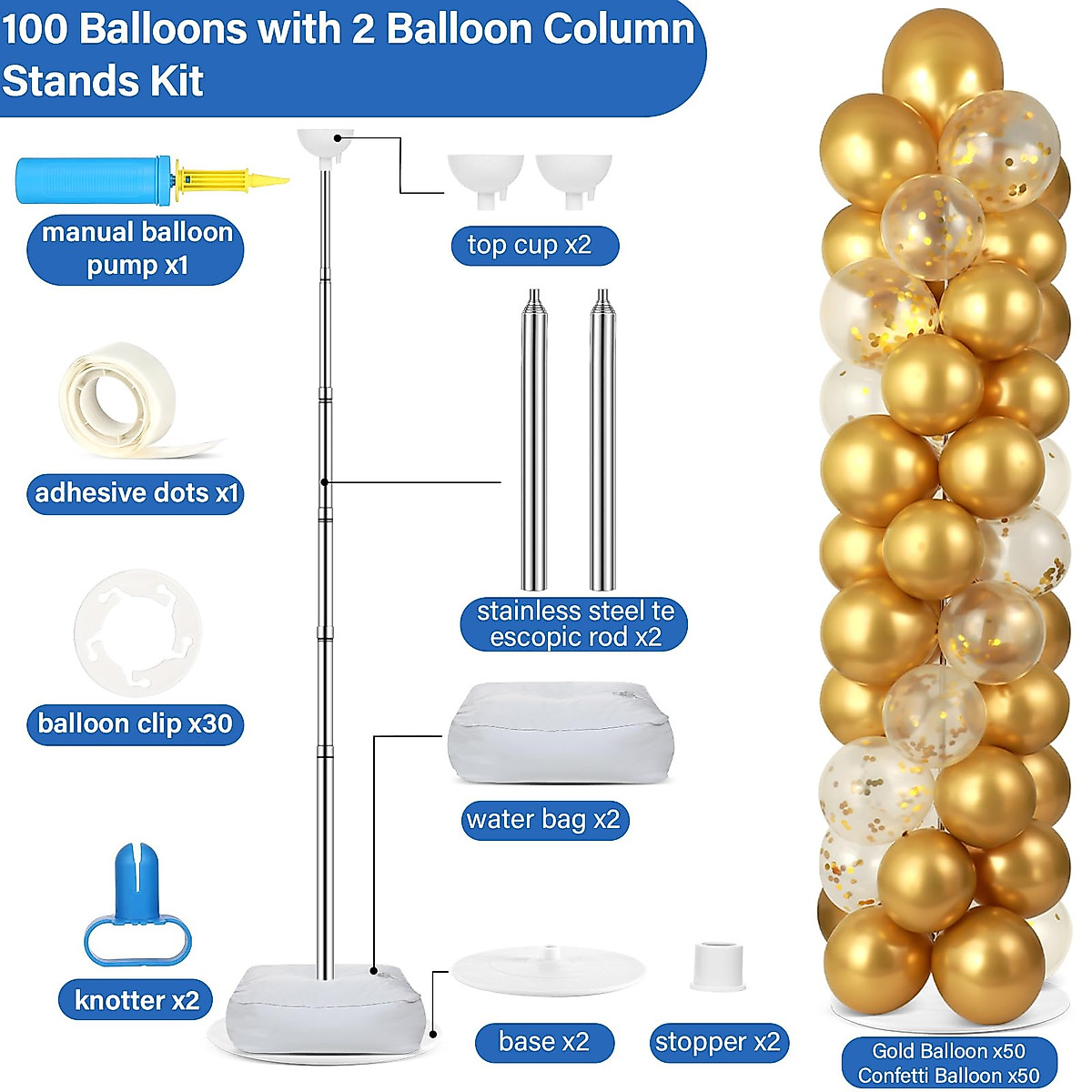 2 Sets Metallic Gold Balloon Column Stand Kit with 100 Balloons Adjustable Balloon Tower Stand with Bases for Floor Gold Confetti Balloons Column Kit for Birthday Wedding Anniversary Graduation Party