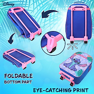 Disney Kids Suitcase - Foldable Trolley Bag 47 x 30cm, 2 Wheels Extendable Handle - Kids Gifts (Blue Stitch)