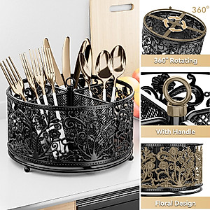 YIUKEA 360° Rotating Utensil Caddy - Silverware Cutlery Caddy Holder with 4 Compartment, Metal Flatware Organizer Countertop with Handle for Party Camping Picnic, Kitchen Counter, Office (Black)