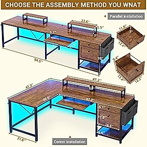 SEDETA 69" L Shaped Gaming Desk, Convertible L Office Desk to Long Computer Desk, Gaming Desk with LED Lights, Corner Desk with File Drawers & Keyboard Tray for Home Office, Rustic Brown