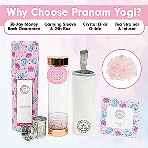 PRANAM YOGI Crystal Water Bottle - Rose Quartz Gemstone Infused Elixir Water Bottle with Loose Leaf Tea Infuser and Protective Sleeve - Wellness Glass and Rose Gold Stainless Steel - 15 oz