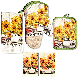 Lobyn Value Packs Decorative and Lightweight Printed Themed Kitchen Linen Towel Sets Perfect for Home Decor (5 Piece, Sunflower)