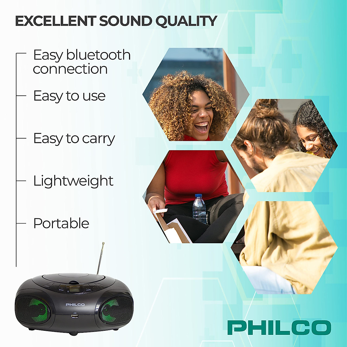 Philco Portable Bluetooth Boombox CD Player with AM FM Radio and USB Playback | Fun Lights |Stereo Sound | CD Player is Compatible with MP3/WMA/CD-R/CD-RW CDs | 3.5mm Aux Input | AC/Battery Powered