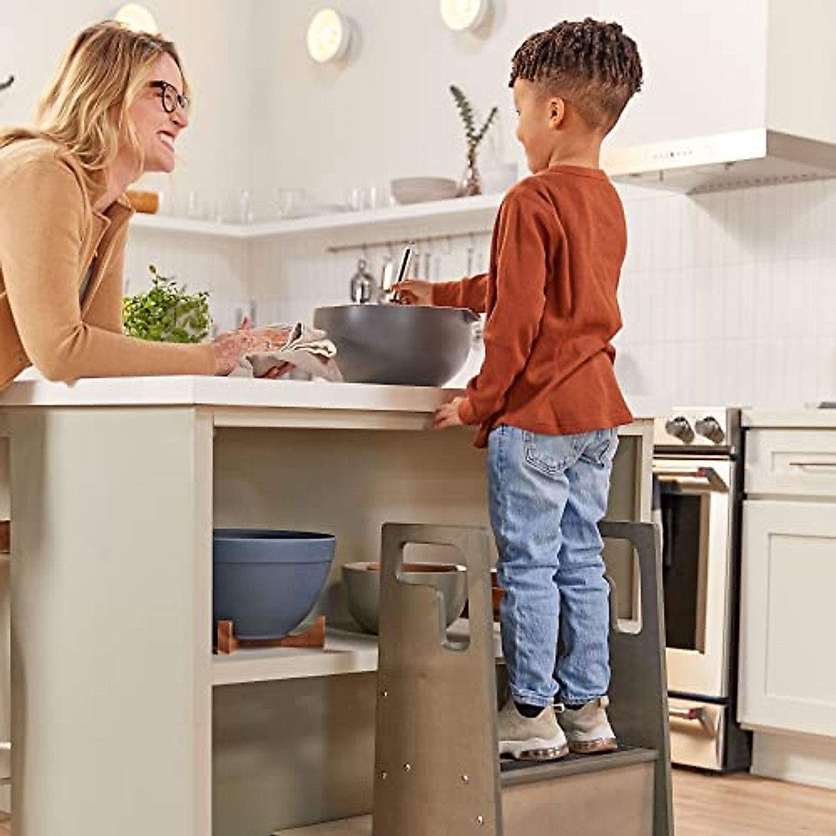 ECR4Kids Reach-Up Step Stool with Handles, Kids Furniture, Grey Wash