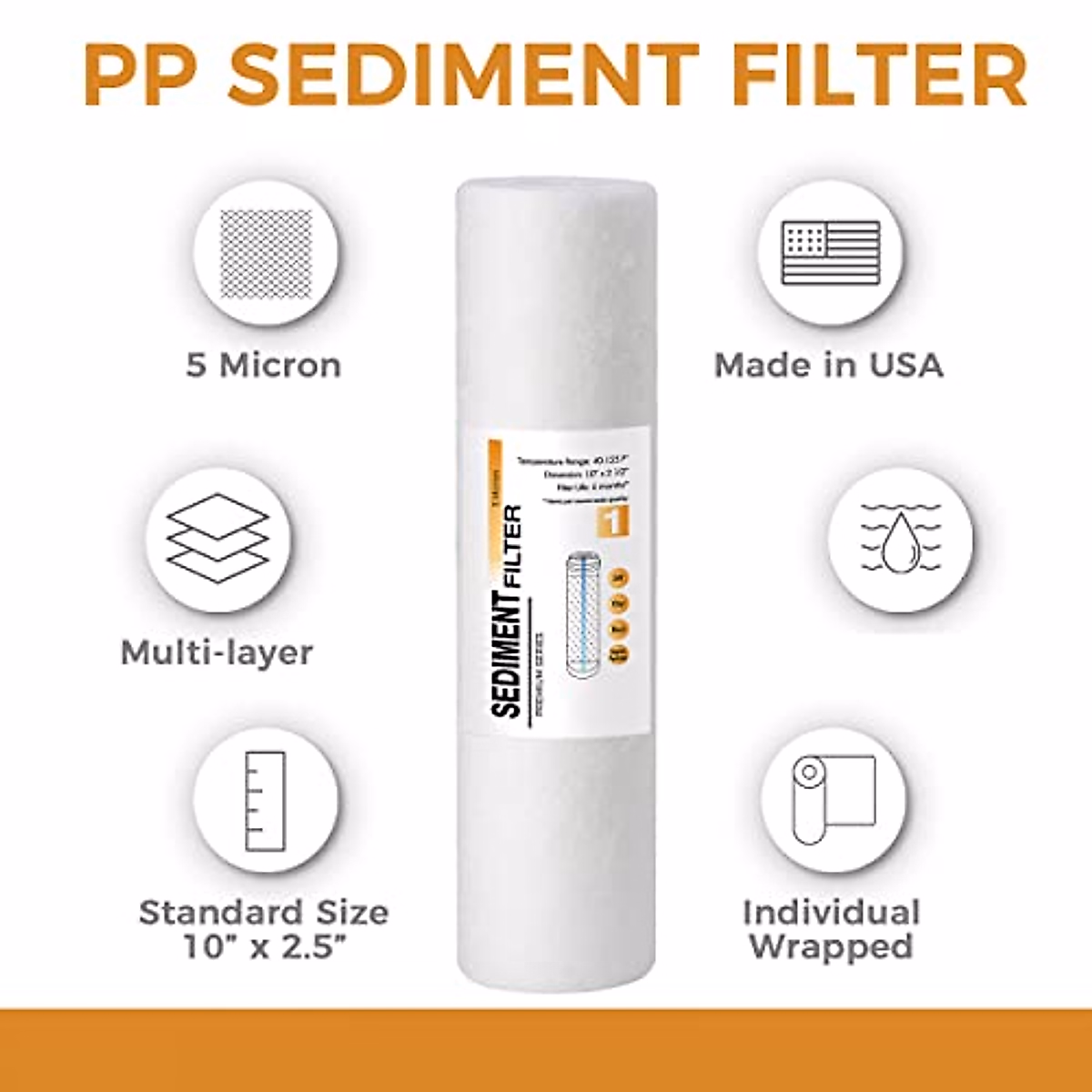 iSpring FP15US Premium Universal Sediment Water Filter Cartridges for Reverse Osmosis RO and Under Sink Water Filtration Systems, 5 Micron, 10" x 2.5", Made in USA.