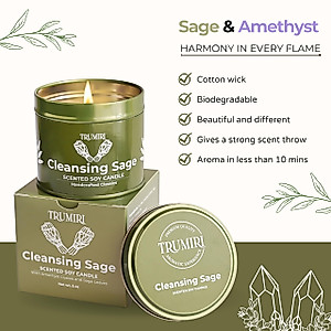 Sage Candle for Cleansing House Negative Energy Smudge Kit - 5oz Soy Wax Natural Clean Organic Non Toxic - Aromatherapy Spiritual Meditation Gifts - Long Lasting Highly Scented Candel with Crystals