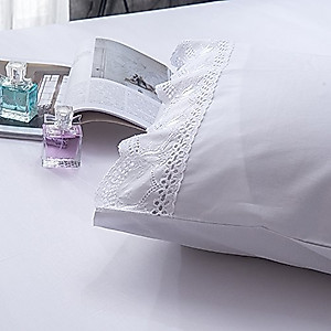 Merryfeel Cotton Bed Sheet Set,100% Cotton Sateen 300 Thread Count Embroidered Lace Sheet Set,Deep Pocket,4 Pieces,5-Star Hotel Collection- Queen White