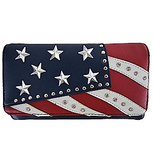 Western Cowgirl American Flag Stars and Stripes Rhinestone Women Leather Handbag Country Purses Wallet Set Red White Blue, Large