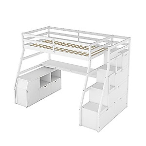 Merax Loft Bed Twin Size, Wooden Frame with Desk and Storage, Space-Saving Design with Convenient Multi-Drawers & Cabinet, for Teens Adults (White)