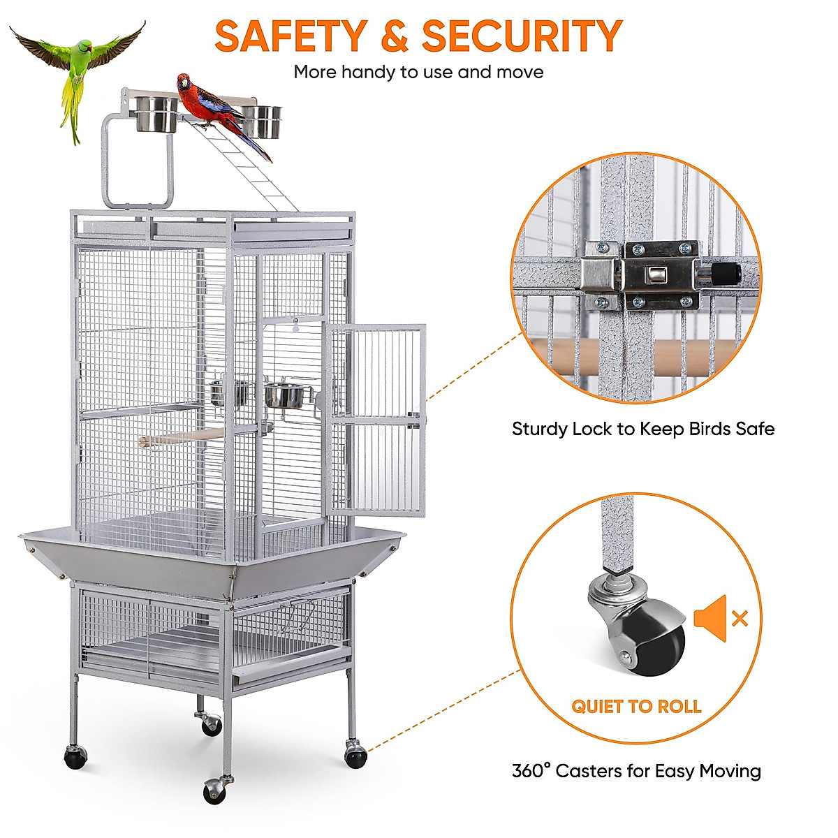 SUPER DEAL PRO 61-inch 2in1 Large Bird Cage with Rolling Stand Playtop Parrot Chinchilla Finch Cage Macaw Conure Cockatiel Cockatoo Pet House Wrought Iron Birdcage, White