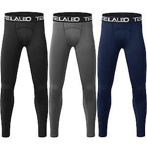 TELALEO 3 Pack Boys' Youth Compression Leggings Tights Base Layer Athletic Pants for Sports Basketball Hockey Baseball Running Black Blue Grey 3 Pack S
