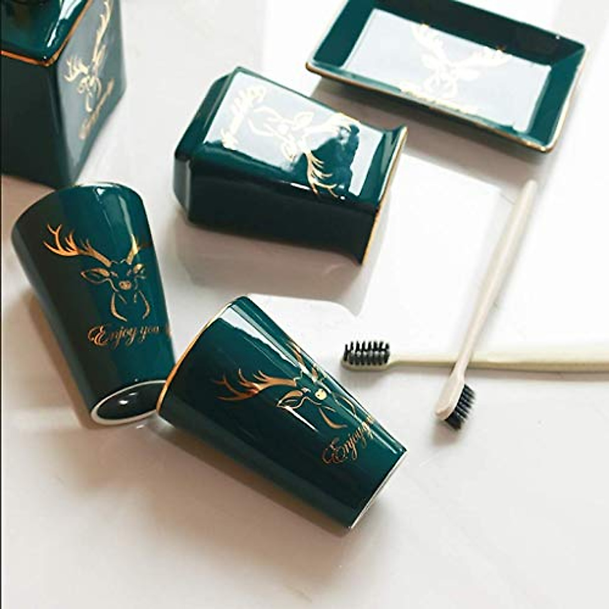 TFIIEXFL Design 5 Piece Ceramic Bathroom Accessory Set, Soap Dish, Tooth Brush Holder, Soap Dispenser, Tumbler