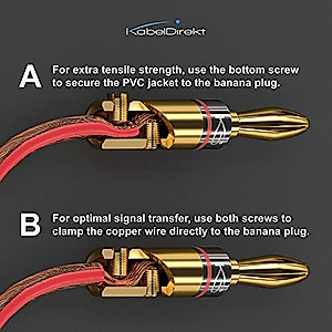KabelDirekt – Banana Plugs – 5 Pairs (for Speaker Wire, AWG 10-16, Allow Flexible Connection to Speakers, amplifiers, A/V receivers, Power amplifiers & Stereo Systems, Fixing Screws, Gold Plated)