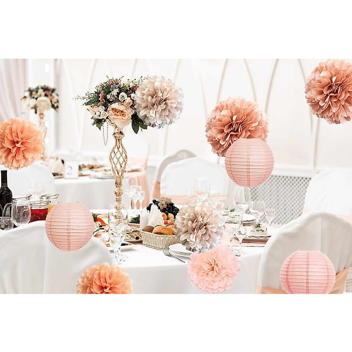 Hanging Party Decorations - Tissue Paper pom poms and Lanterns Backdrop Decor for Engagement Wedding Birthday Bridal Shower Bachelorette (Rose Gold)
