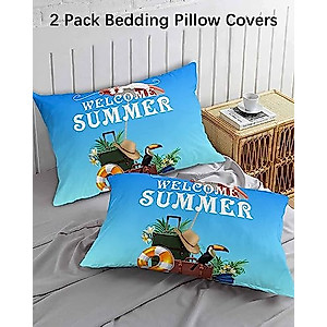 Edwiinsa Welcome Summer Pillow Covers Standard Size Set of 2 20x26 Bed Pillow, Blue Summer Beach Seaside Camping Plush Soft Comfort for Hair/Skin Cooling Pillowcases with Envelop Closure