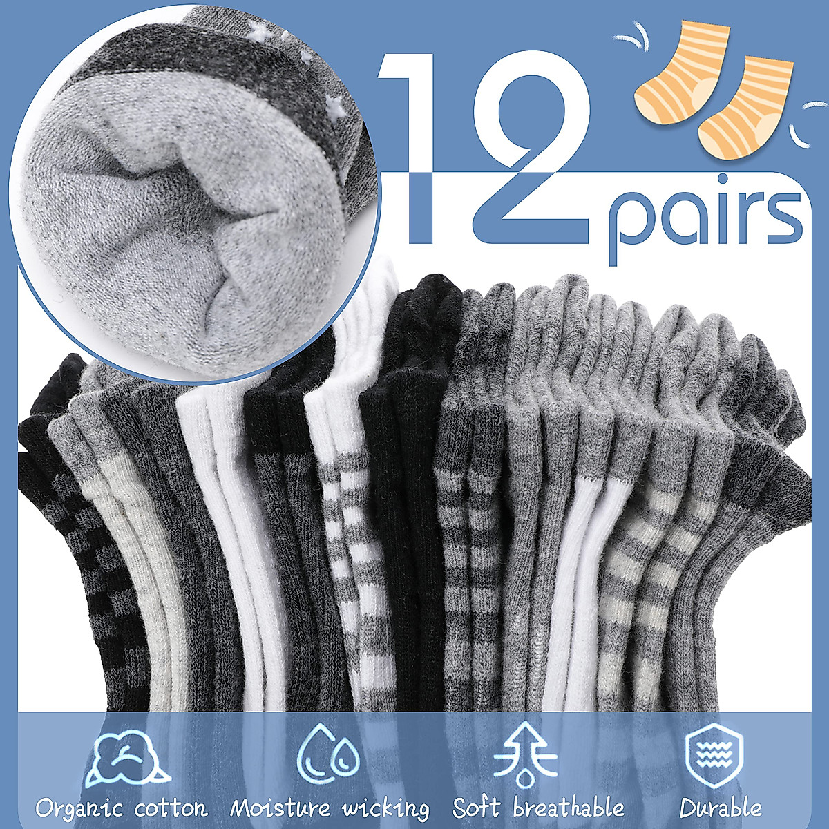 EBMORE Baby Toddlers Ankle Non Slip Grips Socks for Infant Boys Girls Kids Anti Skid Cotton Socks (Grey Striped（12 Pairs）,1-3 Y)