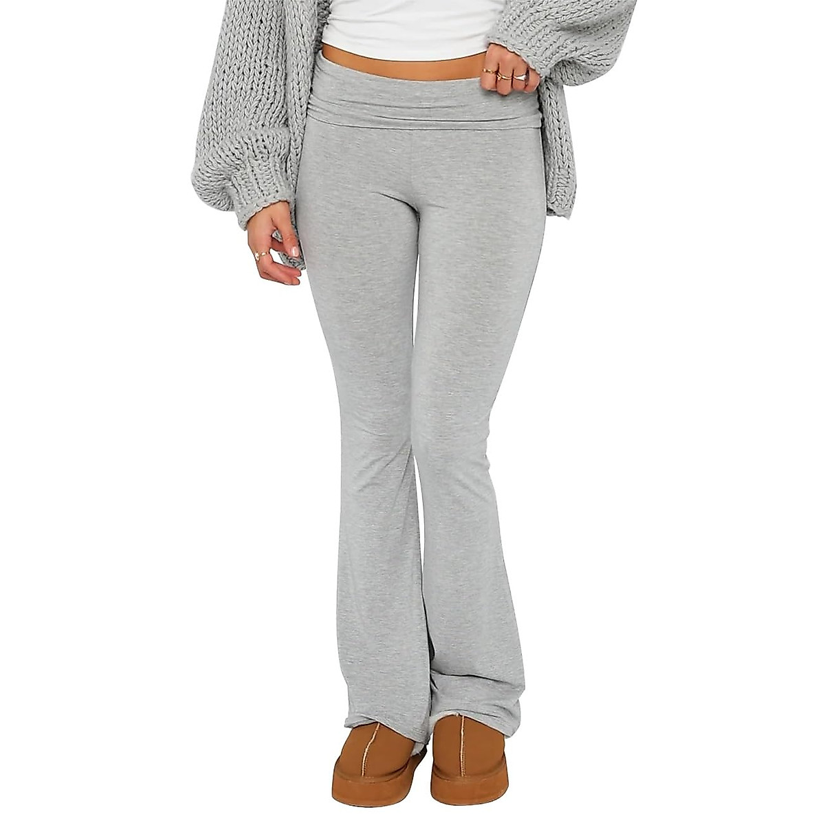 Seyurigaoka Women Y2K Flare Leggings Low Rise Fold Over Waist Yoga Pants Bell Bottom Wide Leg Lounge Pants Trousers (Skinny Gray, S)