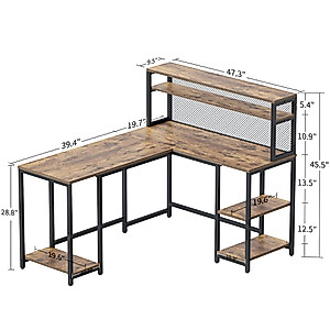 CubiCubi L Shaped Computer Desk with Hutch & Iron Mesh, 59 inch Large Home Office Desk with Storage Shelves, Study Table Writing Desk Workstation, Brown