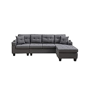 BIADNBZ Reversible Sectional Sofa with Chaise Lounge and Cupholders, L-Shape 4-Seat Couch Furniture for Living Room Apartment, w/2 Pillows, Gray