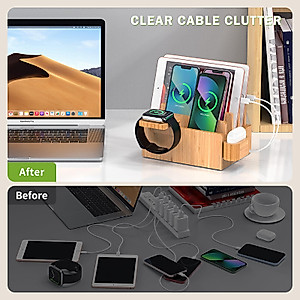 Pezin & Hulin Bamboo Charging Station for Multiple Devices with 5 Port USB Charger, 5 Cables, Watch&Earbuds Stand, Electronic Device Desktop Organizer for Cellphone, Tablet, Watch, Earbuds