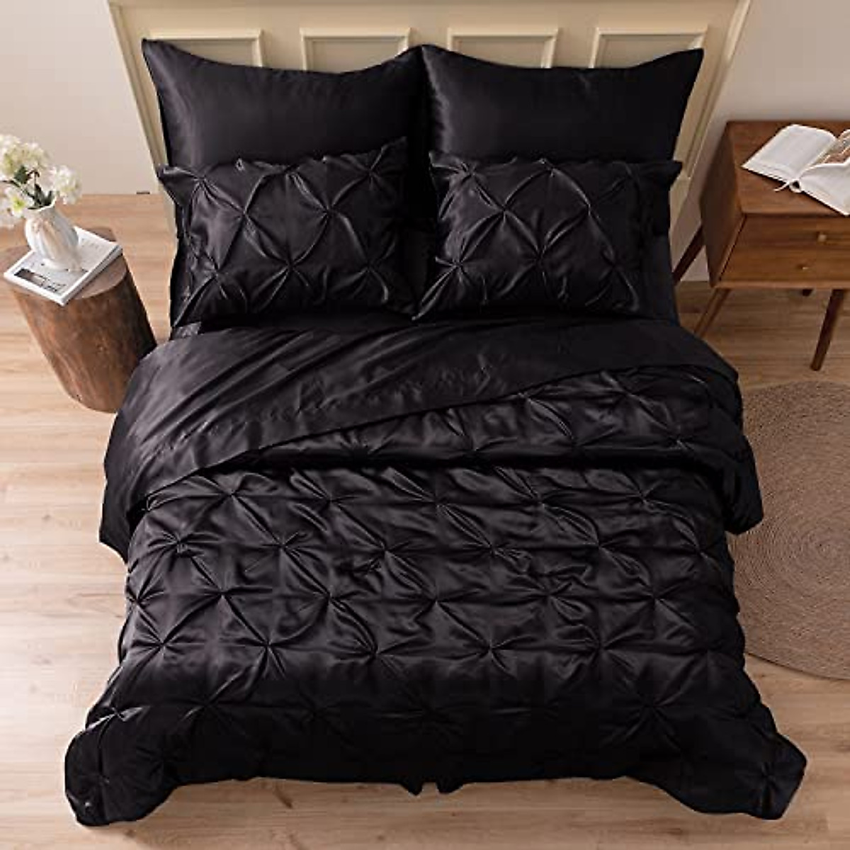MR&HM Satin Comforter Queen 8 Pieces - Luxurious Pinch Pleat Bedding Set with Comforter, Sheets, Bed Skirt, Pillowcases & Shams, Super Silky Soft Bed Set for All Season (Queen, Black)
