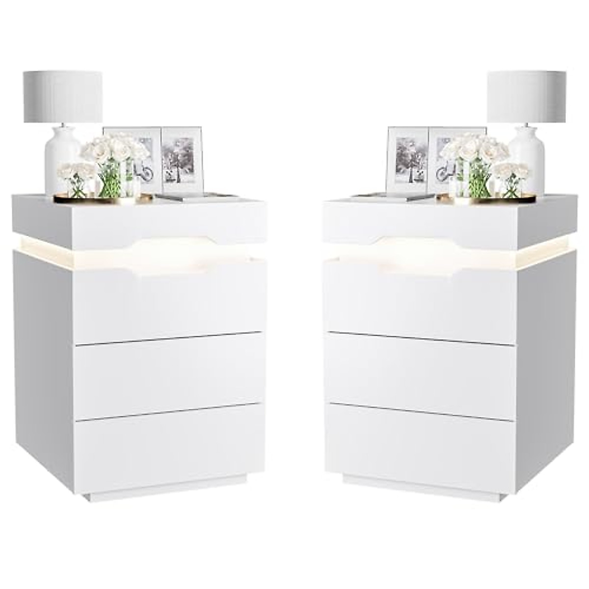 YESHOMY Nightstand with LED Light and Charging Station, Endtable with 3 Drawers, Bedside Table with Large Capacity, for Bedroom, Set of 2, 27.5" Height, White