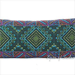 Eyes of India Embroidered Boho Bolster Throw Pillow Cover, Long Lumbar Rectangle Bohemian Cushion Case Sofa Couch, Decorative Accent Bed Living Room, 14x32 inch (36x80 cm), Green Purple