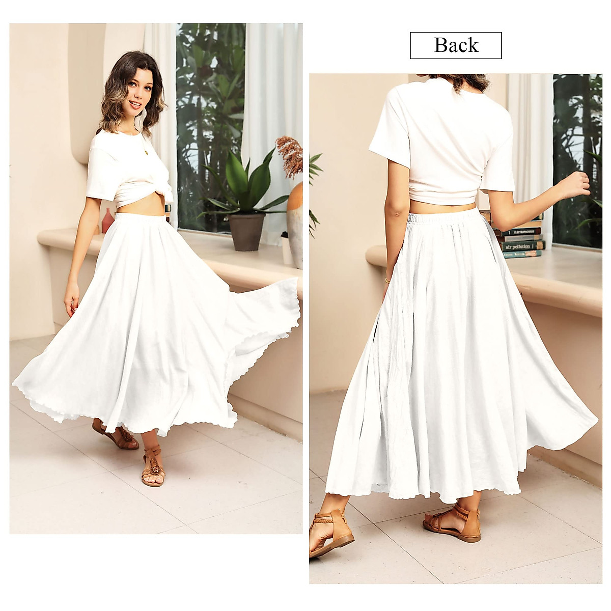 Ezcosplay Women Bohemian Beach A-Line Dress Double Layer Elastic Waist Long Maxi Skirt