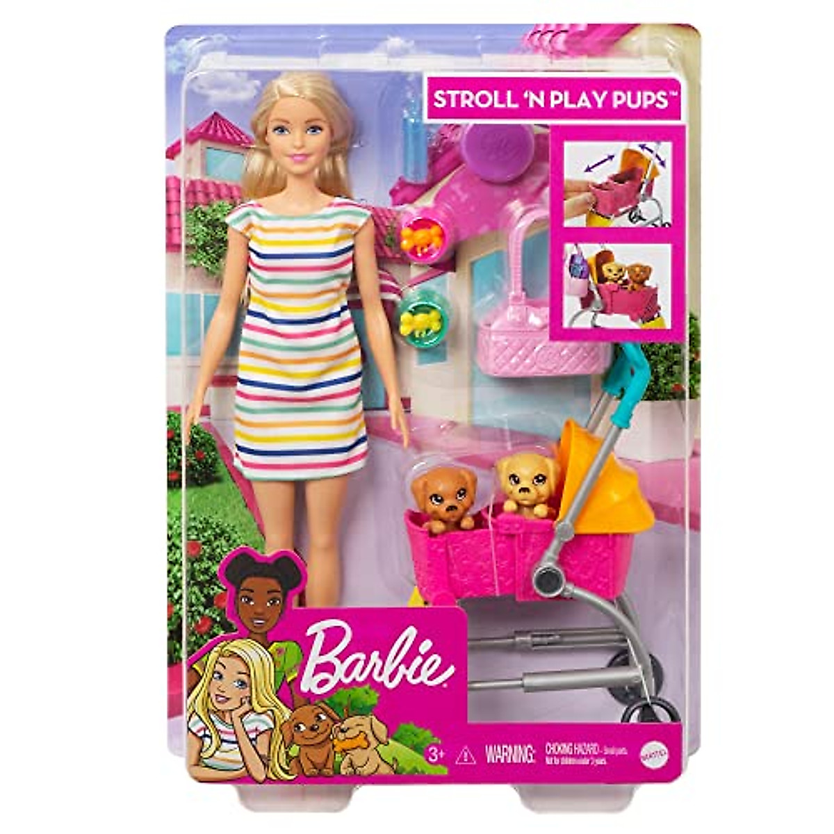 Barbie Dogwalking Doll & Accessories, Stroll & Play Pups Playset with Transforming Stroller, 2 Pets & Handbag, Blonde Doll