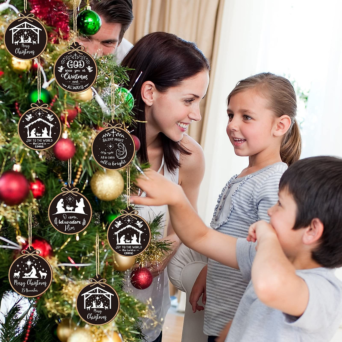 24 Pcs Nativity Christmas Tree Ornaments Religious Christmas Nativity Scene Set The Birth of Jesus Christmas Decorations Wooden Nativity Scene Christmas Tree Ornament (Classic Style)