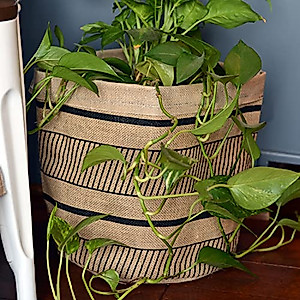 Geometric Striped Linen Plant Baskets, Set of 3, Beige and Black, Floor and Shelf Organizers, Durable Burlap Weave, Collapsible, Stitched, 13.75, 9.75 and 7.75 Inches