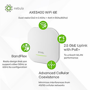Zyxel WiFi 6E AXE5400 2.5G Multi-Gigabit Business AP | Bandflex 2.4Ghz and 5Ghz or 6Ghz Operation | 1 GbE Passthru| Mesh, Seamless Roaming, Captive Portal | Hybrid Cloud | POE+ Support | NWA220AX-6E