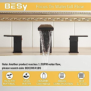 BESy Matte Black Bathroom Faucet 3 Holes Two Handles Lavatory Vanity Sink Faucet Widespread 8 Inch Bathroom Sink Faucet, Waterfall Bathroom Sink Faucet with Supply Hoses, Stainless Steel Faucet