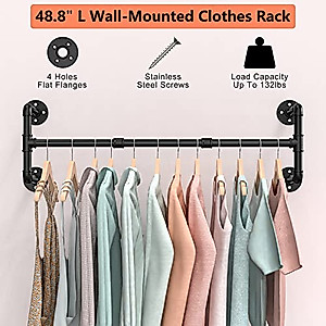 Industrial Pipe Clothing Rack Wall Mounted - Folews 48.8 Inch Wall Clothing Rack Garment Rack for Hanging Clothes Coats Laundry Room Organizer Storage Hanger Shelf Space Saving
