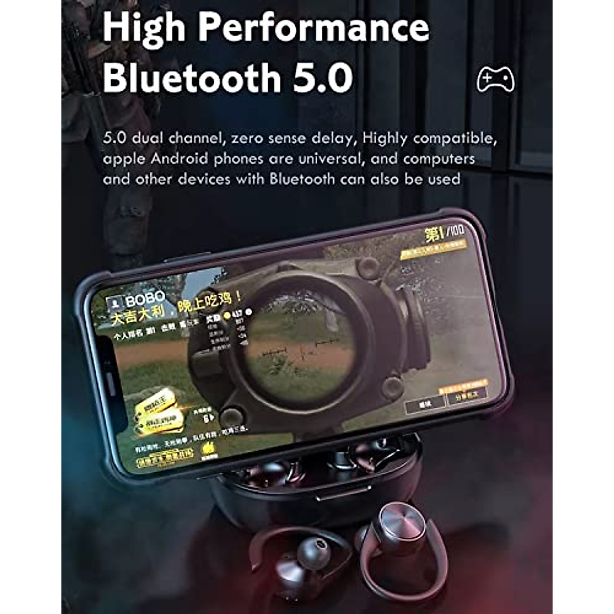 Wireless Earbuds with Earhooks Bluetooth Earbuds with Ear Hook Sport Waterproof Headphones Noise Cancelling Ear Buds with Microphone Running Workout Gym Earphones LED Power Display for Android iOS