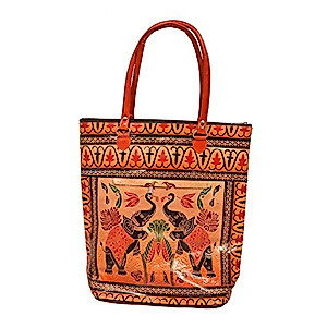 Zint 100% Genuine Leather Women's Batik Indian Shantiniketan Ethnic Tote Bag Twin Royal Elephant Design